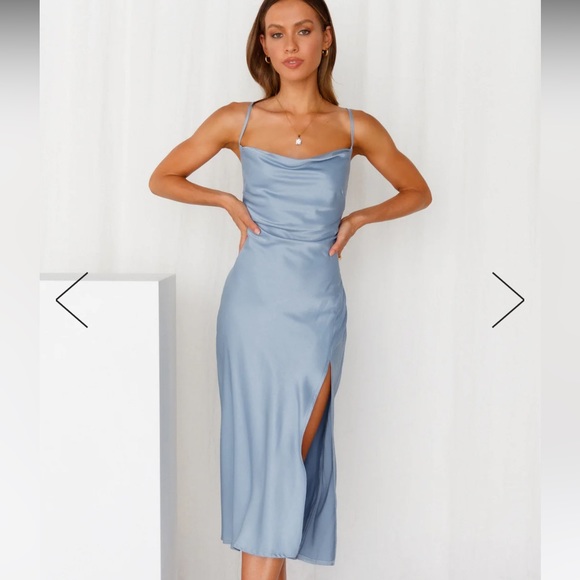 Hello Molly | Dresses | Hello Molly Drinks On Me Midi Satin Dress Blue No Slit Same Dress ...